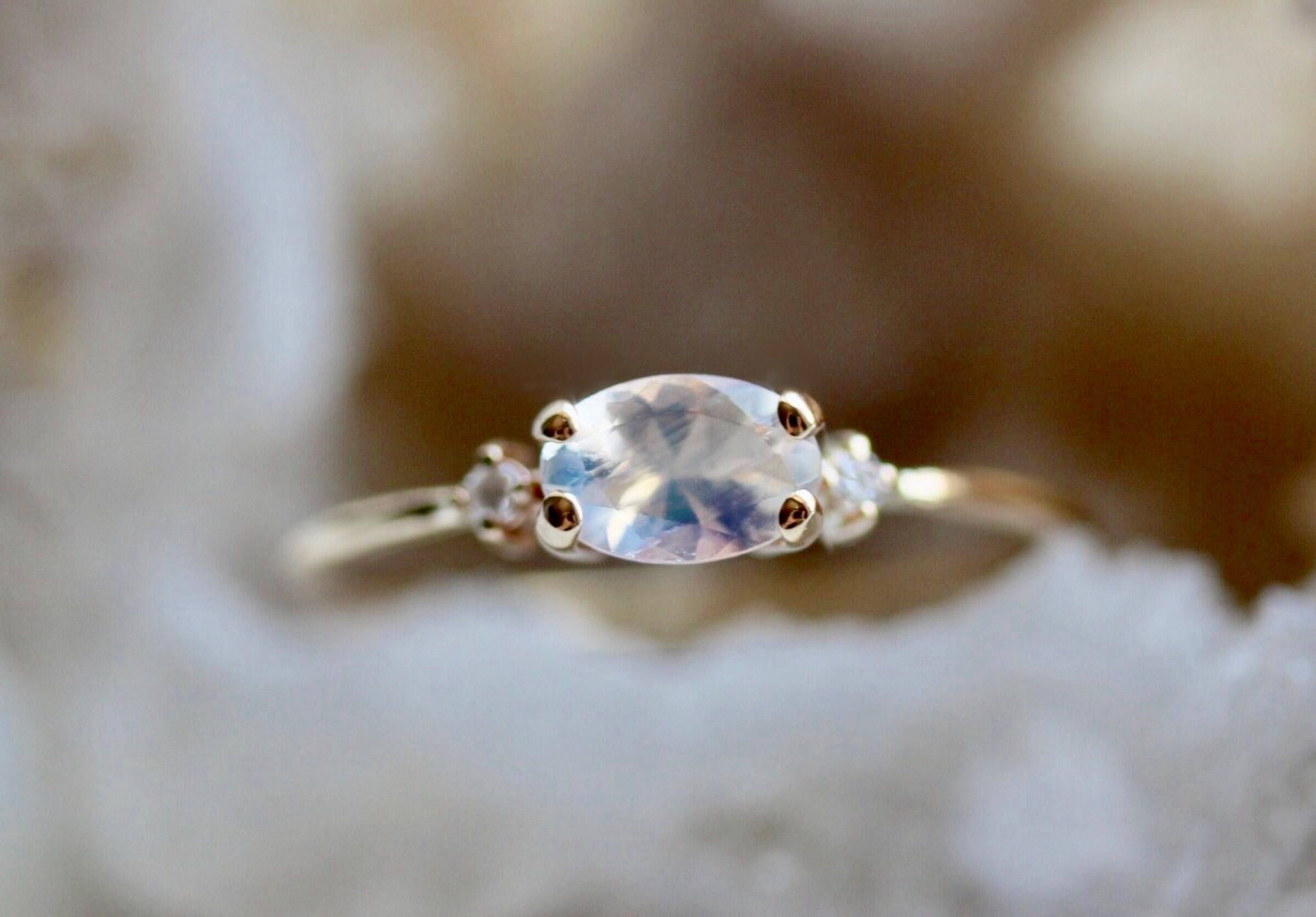 14K Moonstone & Diamond Mirror, Mirror Ring