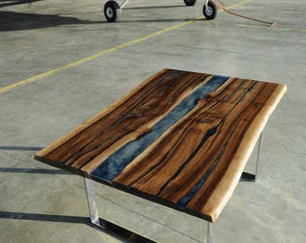 Live edge river coffee table with glowing resin fillin