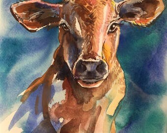 Calf Watercolor print calf painting cow nursery art black
