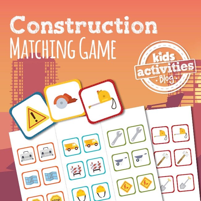 Construction Memory Matching Game Printable for Kids