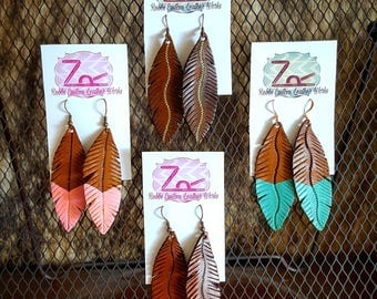 CUSTOM Leather Feather Earrings Bird Feather Earrings Made