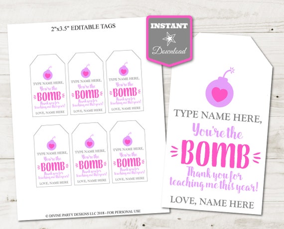 INSTANT DOWNLOAD Printable 3.5"x2" Editable You're the Bomb Thank You ...