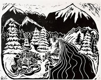 Mountain linocut | Etsy