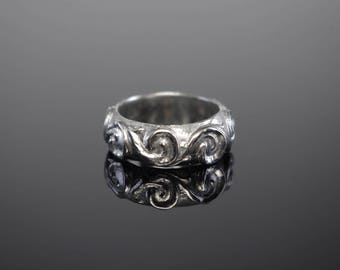 Heavy sculpted scroll work 10mm wide engraved wedding band in