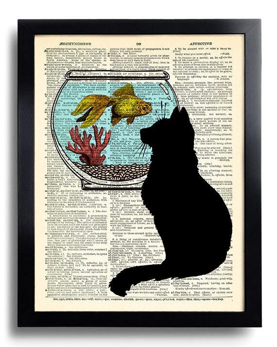 Cat Goldfish Fish Bowl Aquarium Art PRINT Bathroom Artwork