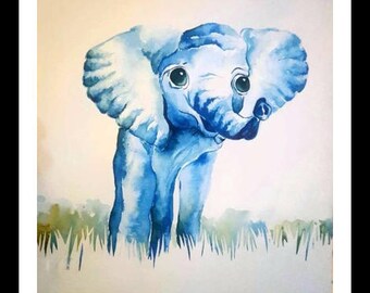 Blue Elephant Head watercolor painting print by Slaveika