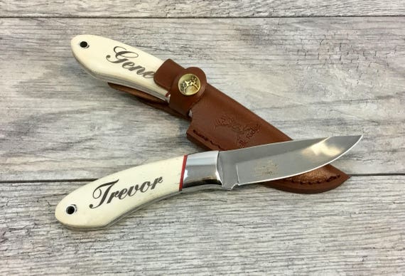 Engraved Bone Handle Knife with Leather Sheath Unique