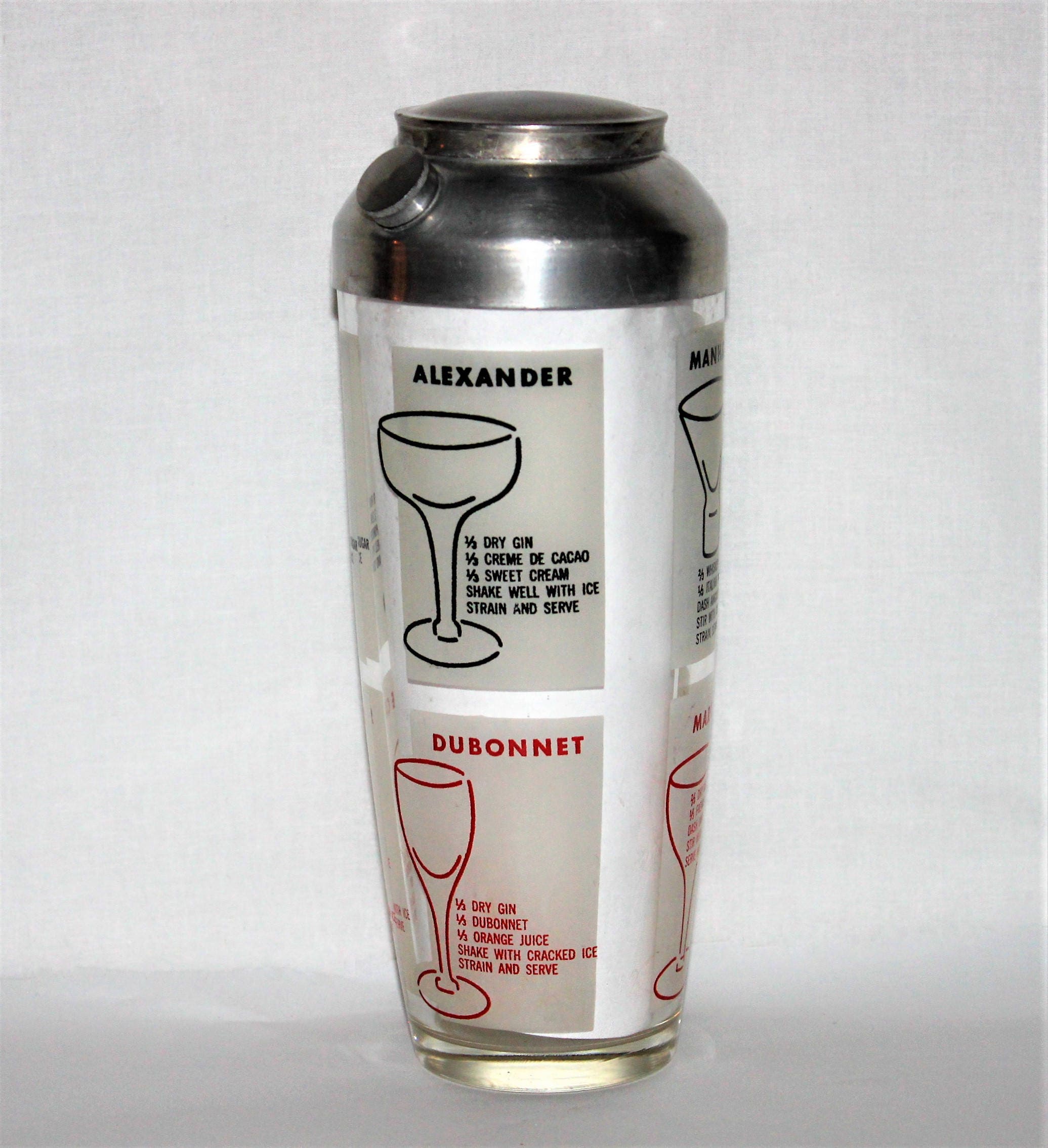 Vintage 1950s Glass Cocktail Shaker With Drink Recipes