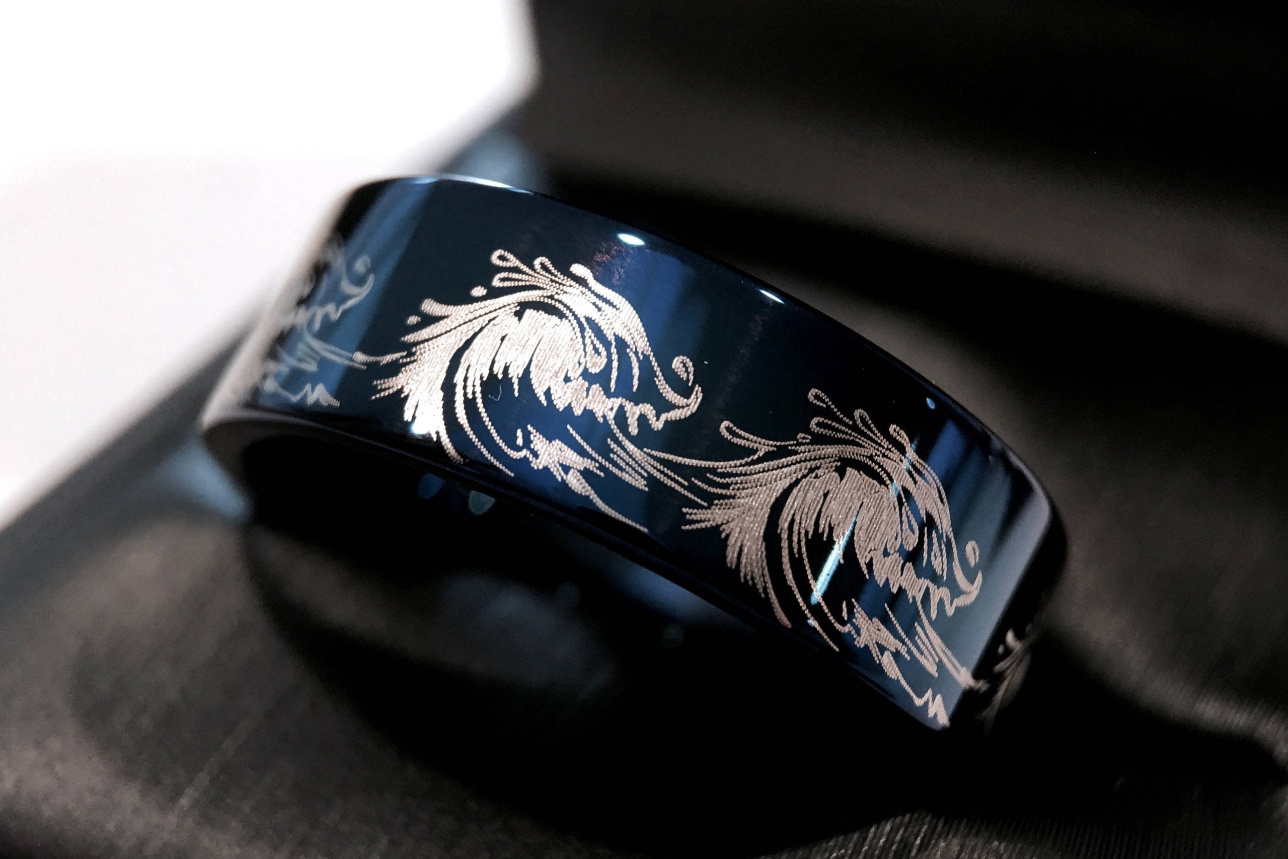 Men Wedding Band Ocean Ring Wave Ring Mens Blue Tungsten