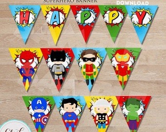 Banderines Cumpleaños Superhéroes. Guirnalda Fiesta Cumpleaños