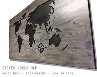 Wood world map wall art carved 3 Panel home decor world map
