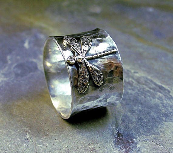 Sterling Silver Dragonfly Ring Wide Band Nature Jewelry art