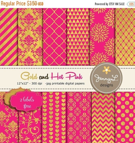 50% OFF Gold and Hot Pink Digital Papers Fuchsia and Gold