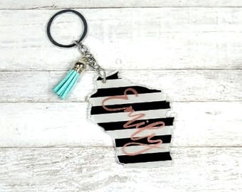 Wisconsin State Keychain One Heart Over Your City Handmade
