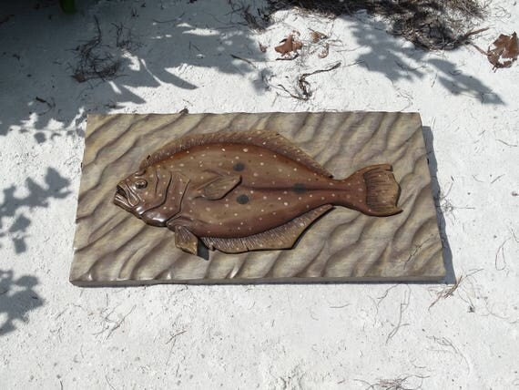 Wood Mahogany Saltwater Flounder Fish Relief Carving Sculpture
