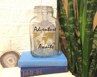 World Map Money Jar Travel Fund 1 Gallon Glass Jug with