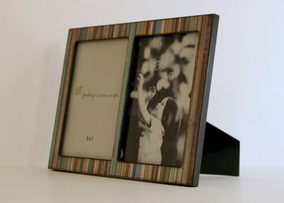 Double 4x6 or 5x7 Wood Picture Frame Blue Brown Stripes