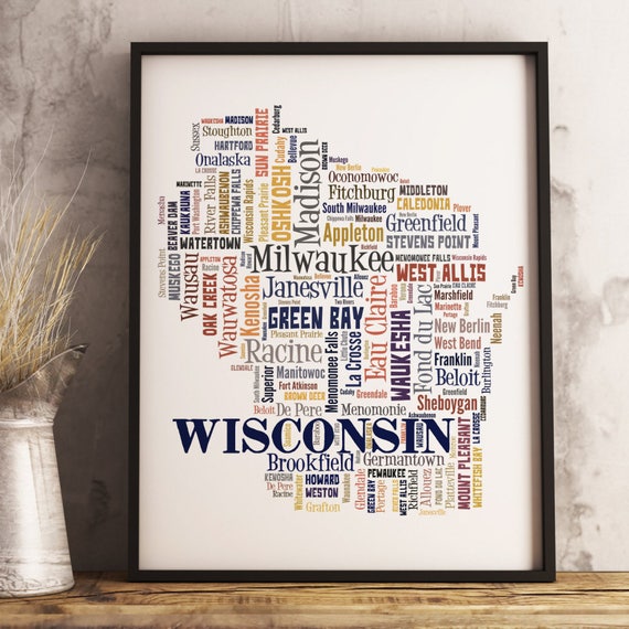 Wisconsin Map Art Wisconsin Art Print Wisconsin City Map