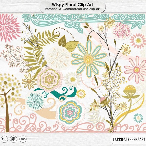 Teal & Pink Flower ClipArt, Wispy Floral Digital Graphics, Daisy Swirl ...