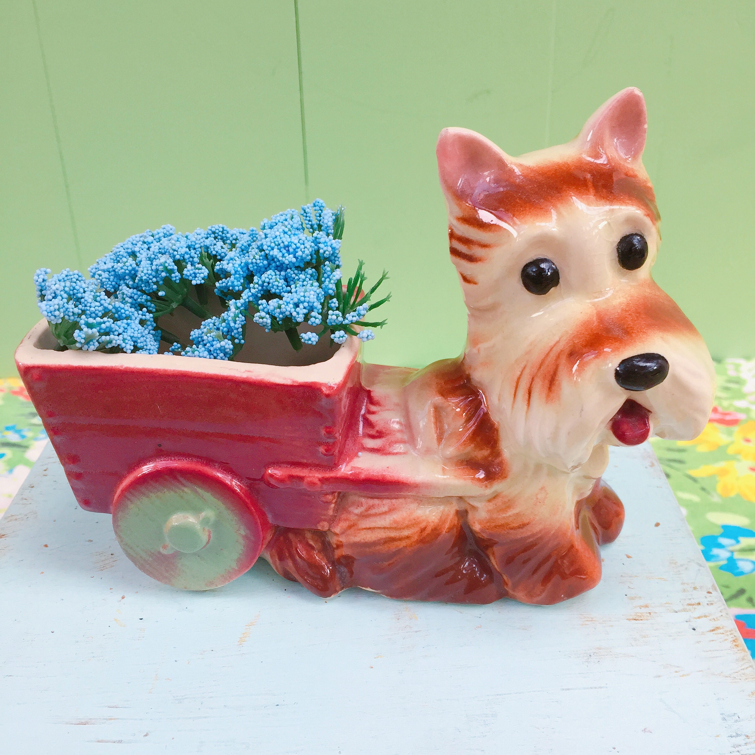 Vintage 1960s Ceramic Dog with Cart, Vintage Terrier Dog Planter