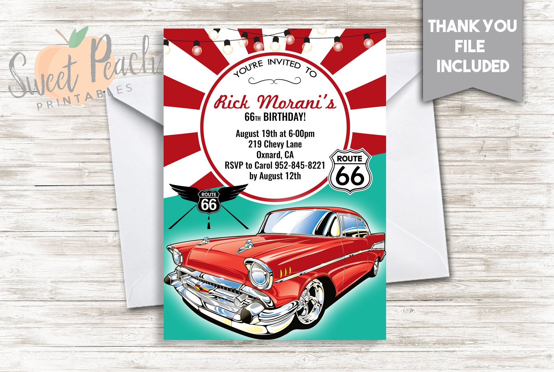 Route 66 Birthday Invite 5x7 Digital Personalized Classic Car