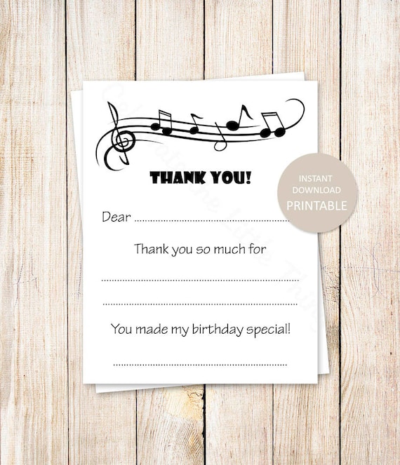 PRINTABLE music thank you cards . fill in the blank birthday