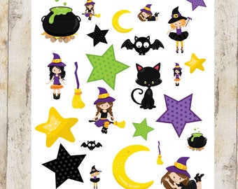 Halloween Cute Witches digital clipart set blond and brown