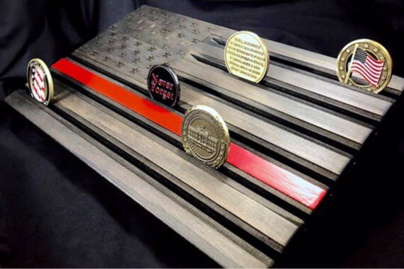 Wood Flag Thin Red Line Firefighter Gift Challenge Coin
