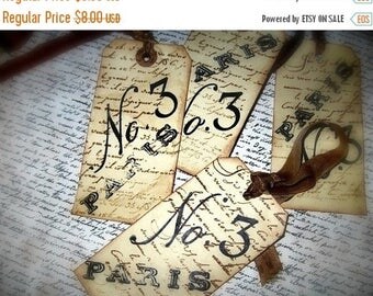 Set of 6 French inspired tags with rhinestones and Linen