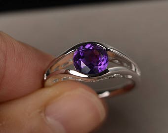 Simple Purple Amethyst Ring Round Amethyst Ring Purple Stone