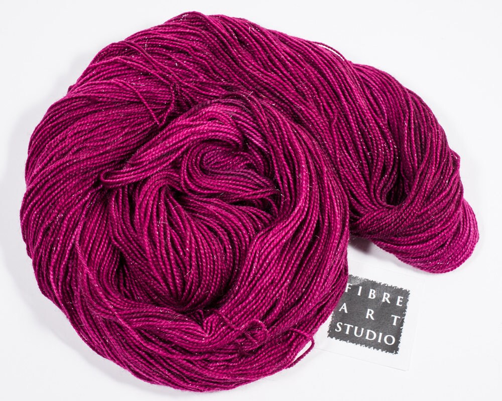 Hand Dyed Sparkle Yarn Deep Magenta Pink Semi Solid Yarn