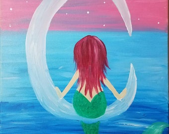 Mermaid and Full Moon with Stars by the Sea Fine Art