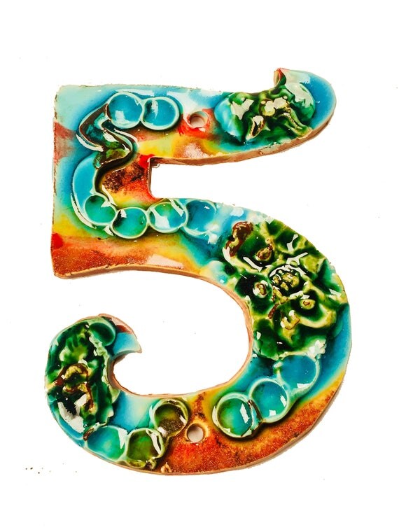 Ceramic Handmade House Number '5' Coral Reef
