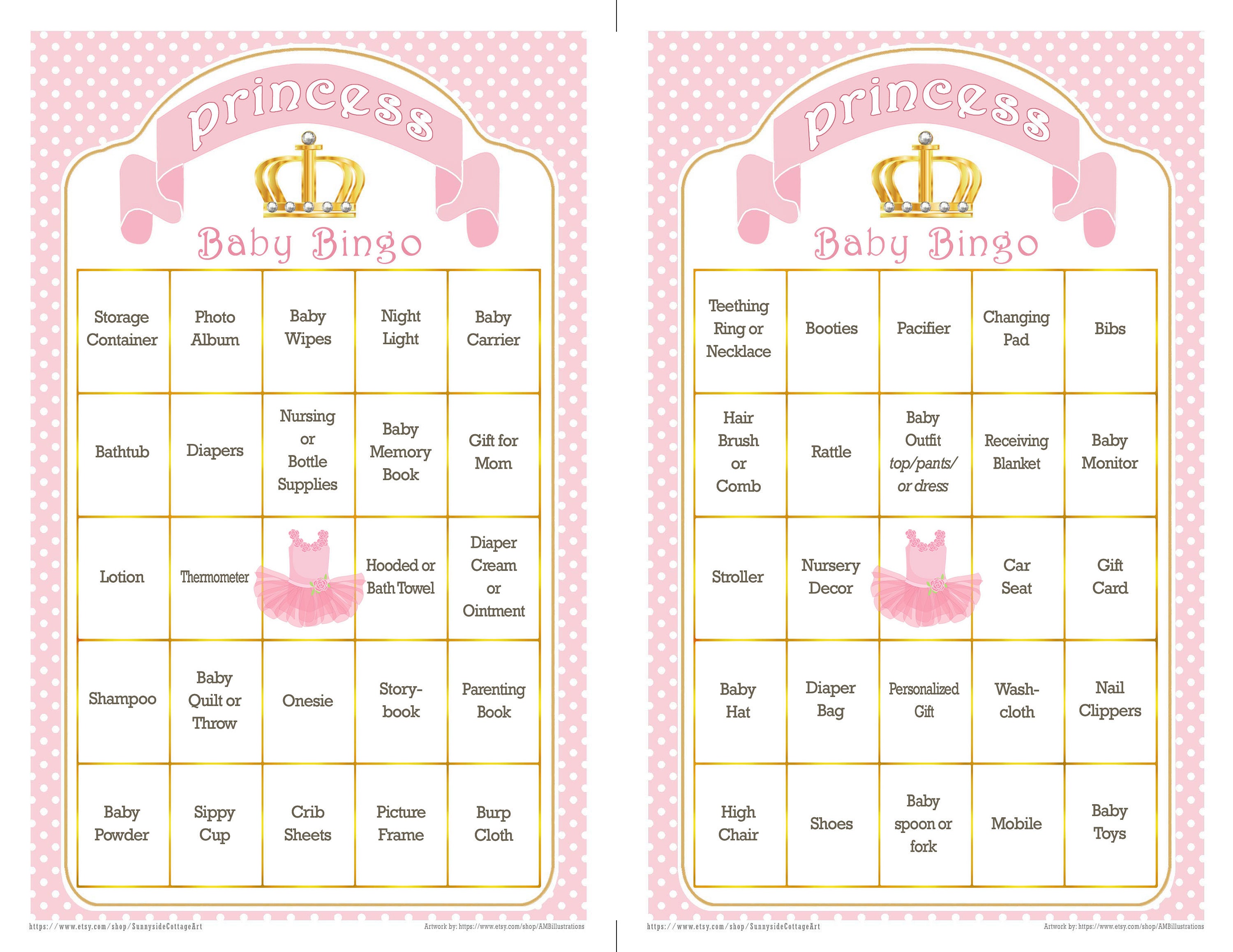 36 card princess BABY BINGO game Baby Shower game in pinks