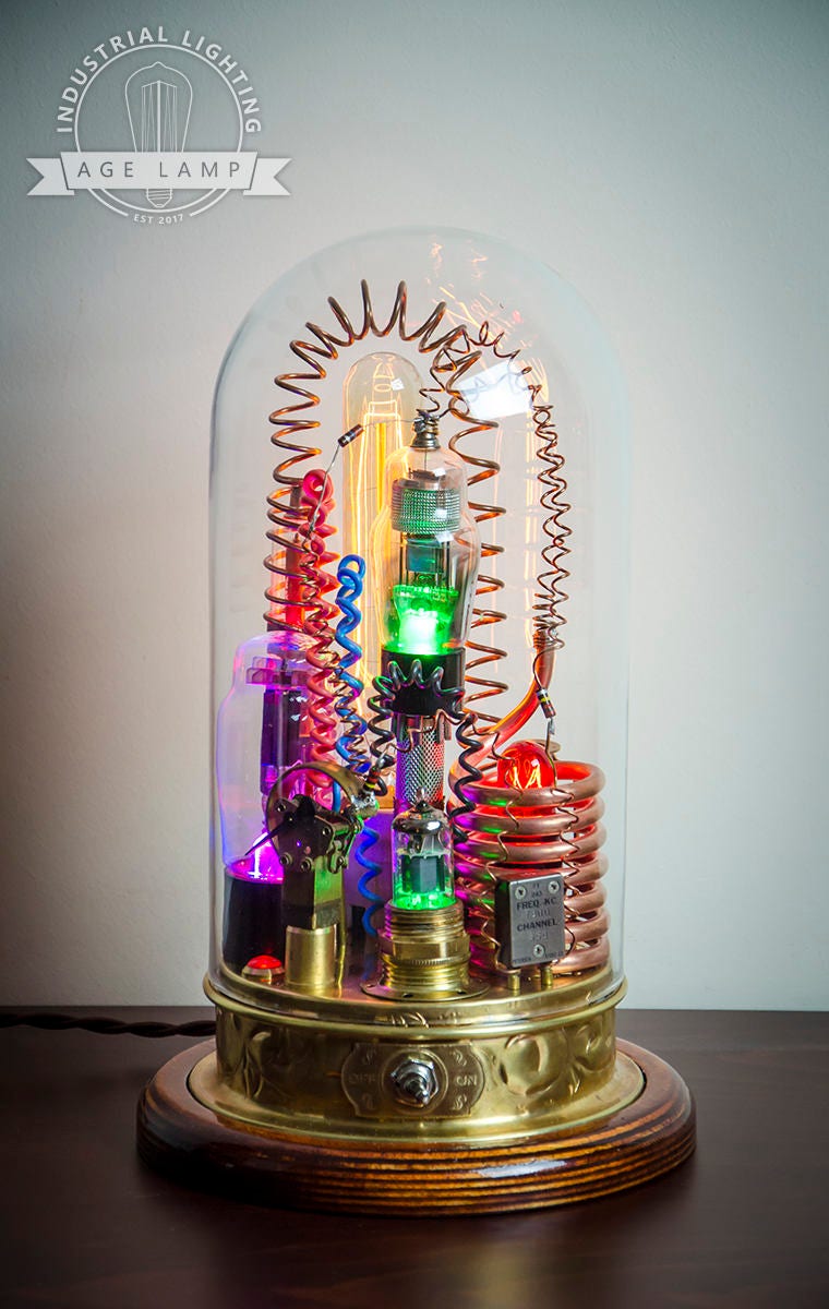 Steampunk Lamp Art Sculpture with Glass Dome Display