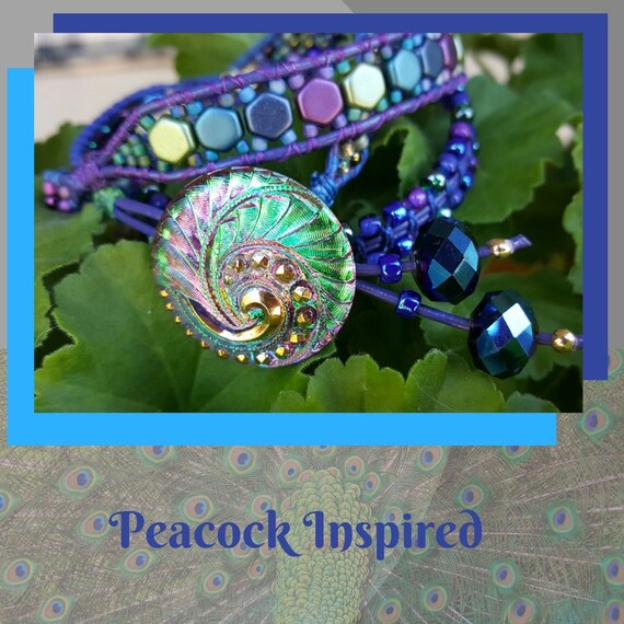Peacock Inspired Triple Wrap Leather Bracelet Czech Glass