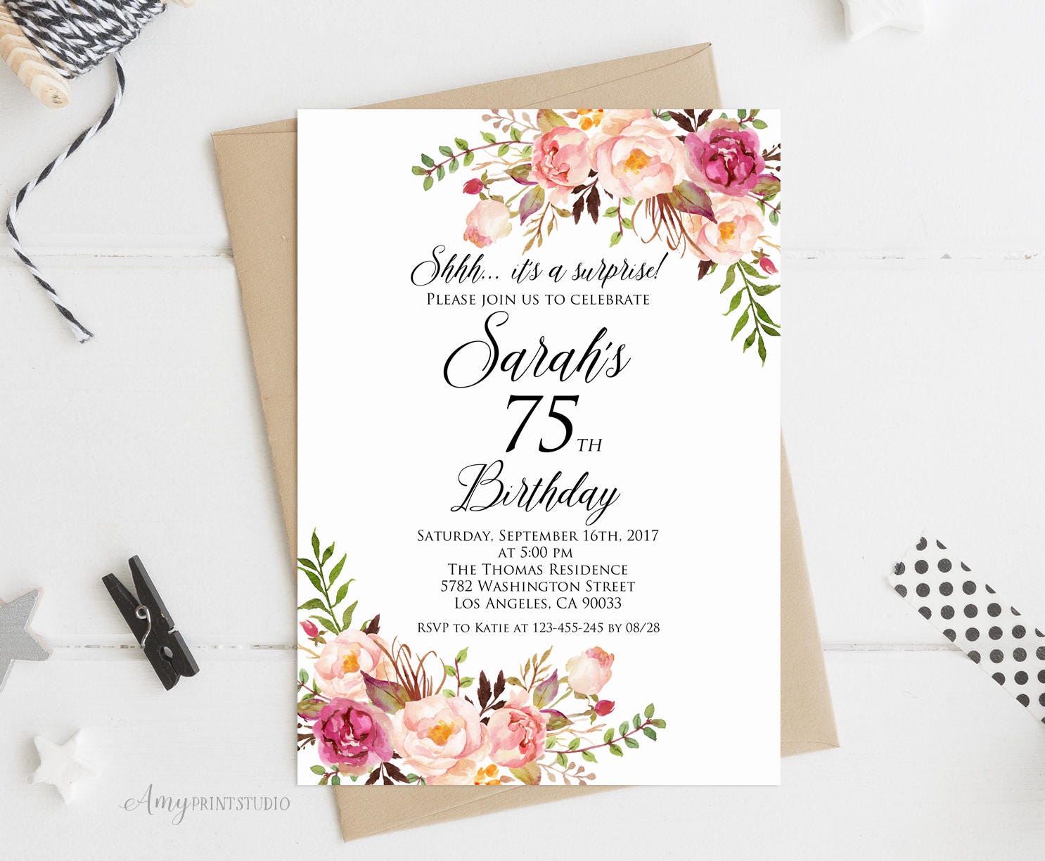 Surprise 75th Birthday Invitation Women Birthday Invitation