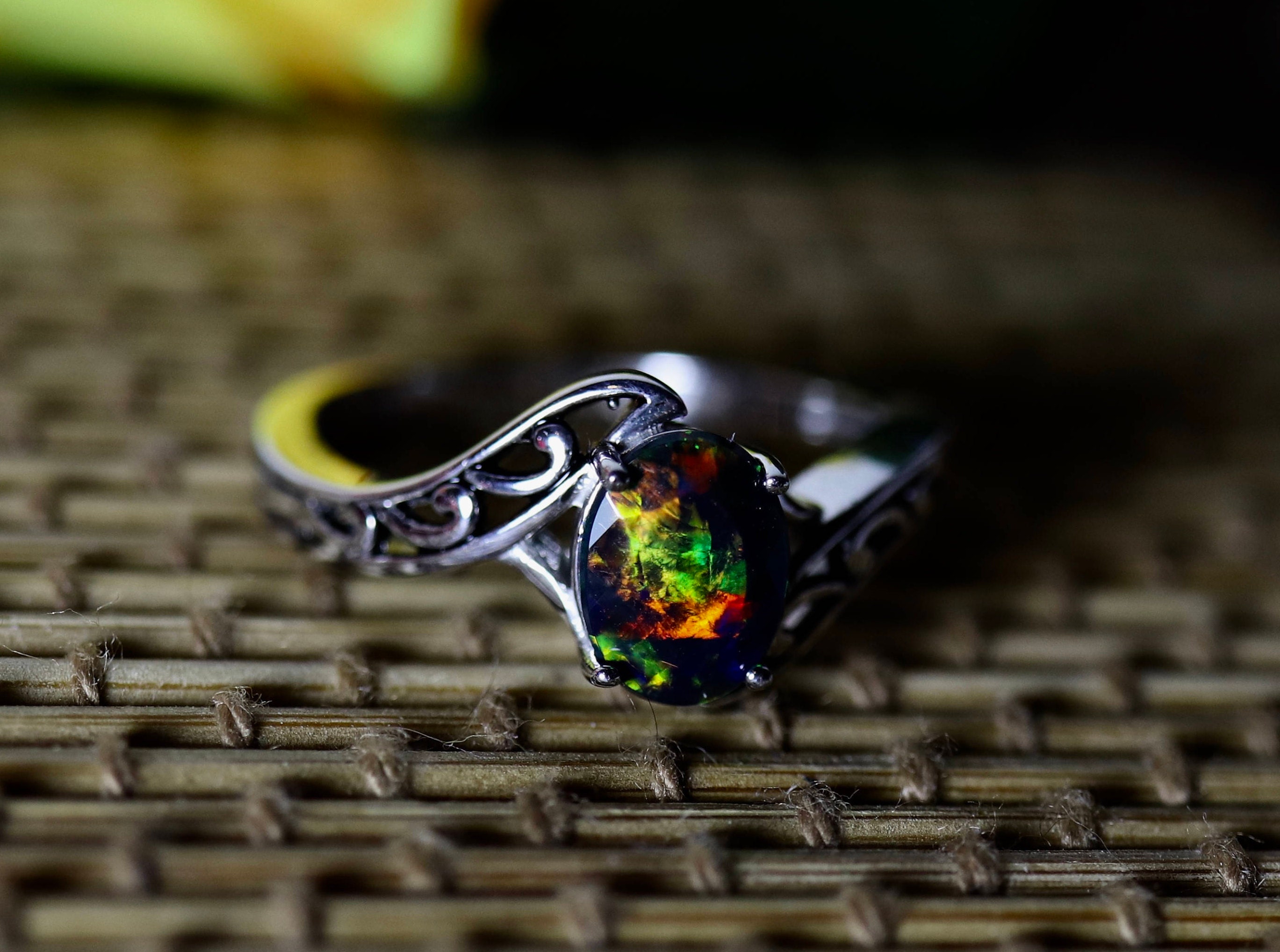 MIXED fire colors natural black fire opal ring, fire opal ring, silver ...
