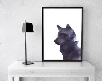 Black Wolf Black and White Print Ink Drawing Animal Art