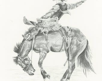 Saddle Bronc drawing of a rodeo cowboy riding a bronc at the