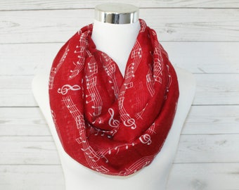 Dark Red Music Notes Print Infinity / Long Scarf Women's