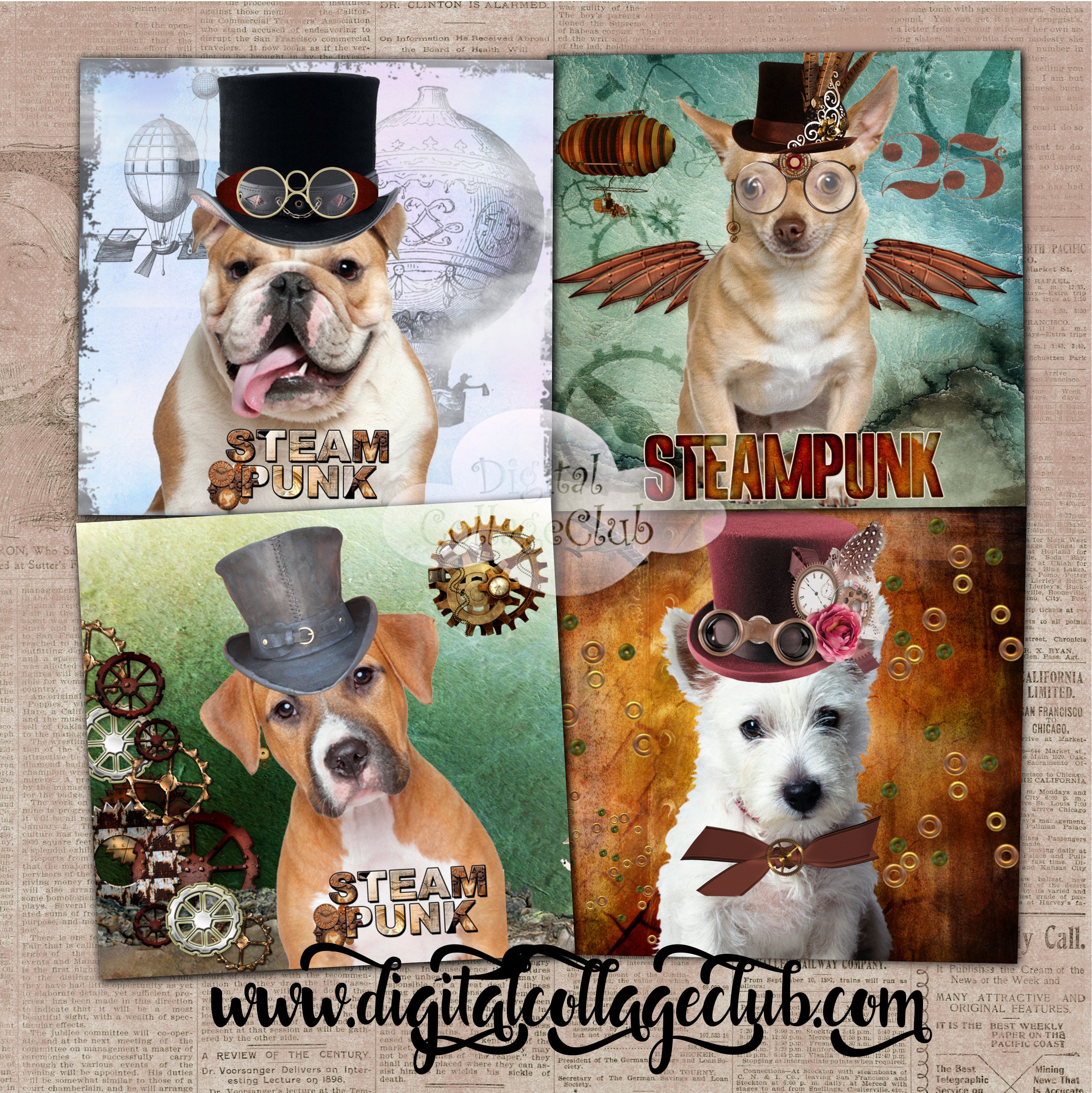 Steampunk Art Dog Digital Collage Sheet Images for Cardmaking