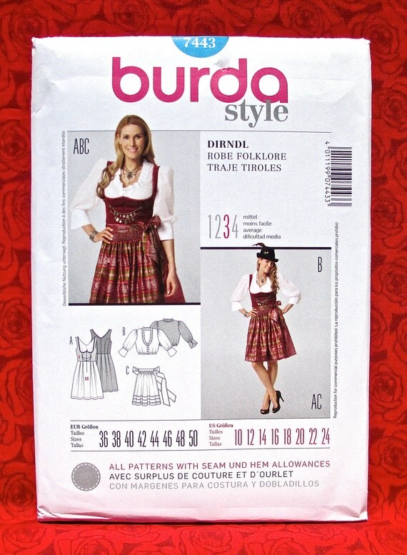 Burda Sewing Pattern 7443 Bavarian Folk Costume Dirndl Dress
