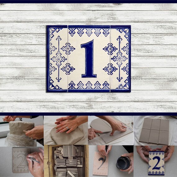 Handmade Ceramic House Number tiles Blue Dolls Large size