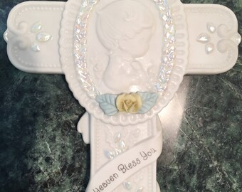 Invitación Bautizo Cruz niña Rosa editable PSD. Invitation