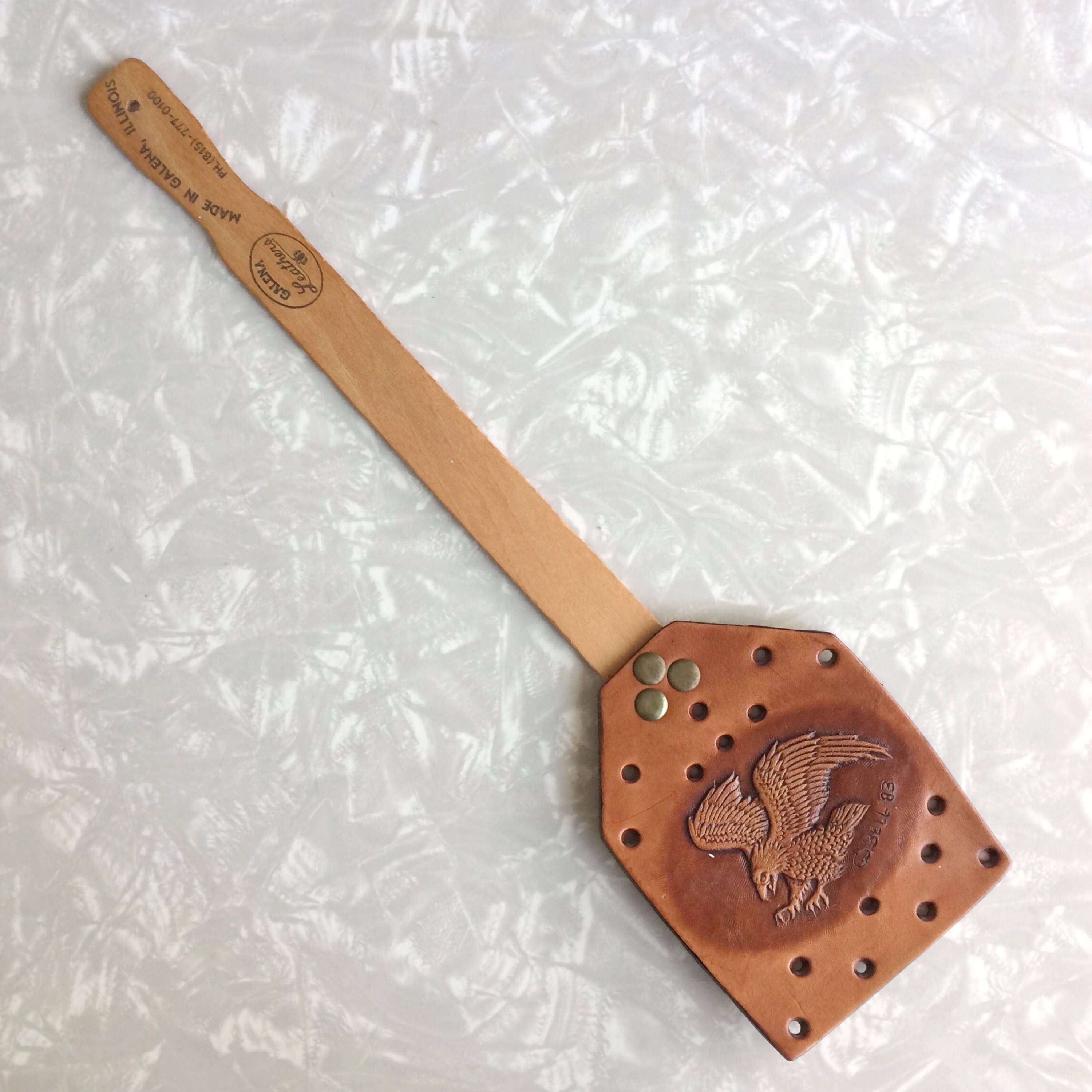 Leather Fly Swatter Vintage 80's Eagle Tooled Pest