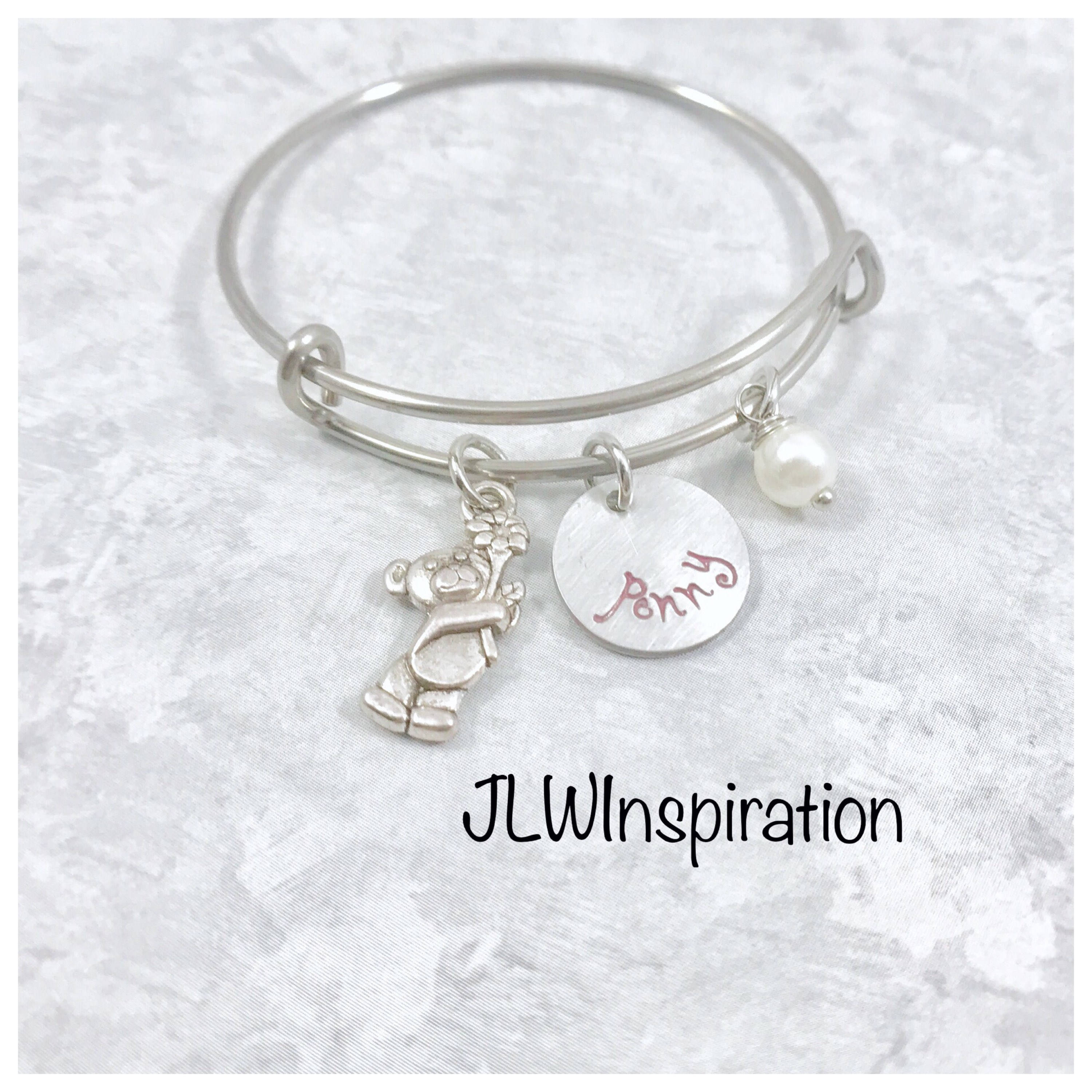 Personalized little girls teddy bear bangle bracelet