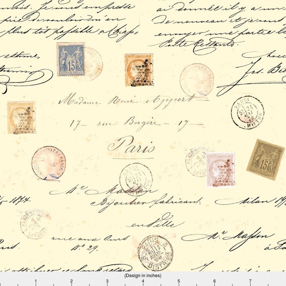Vintage Postage Fabric Paris Letter Post Card Stamp Hand