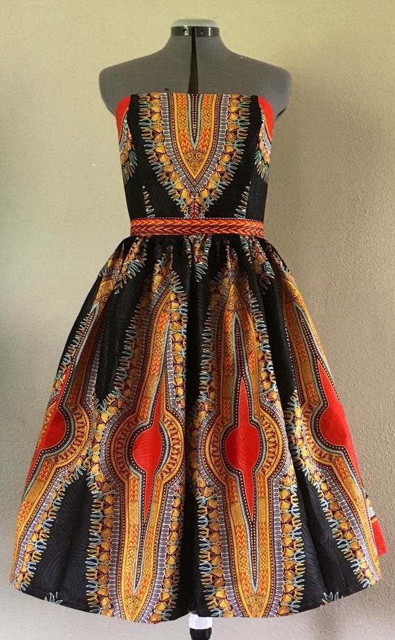 Ornate African Dashiki Multi Panelprint Halter Party Dress