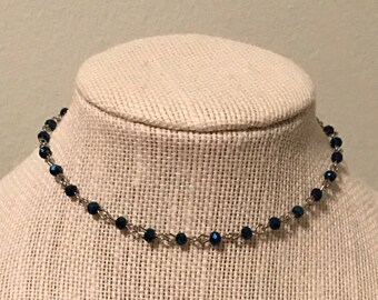 Rhinestone Choker Navy Blue Satin Tie Silver Sparkling